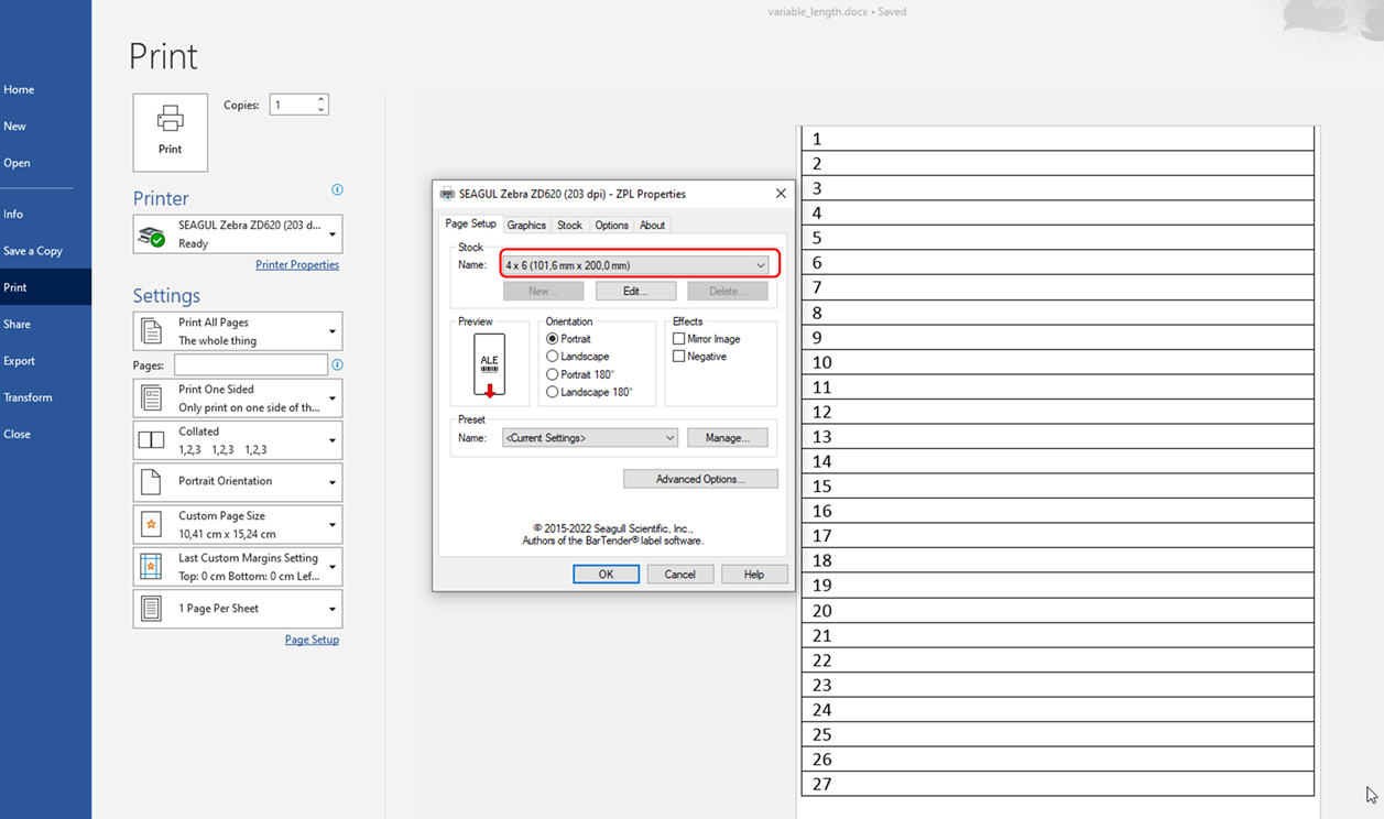 Printing With Variable Length Using Seagull Driver