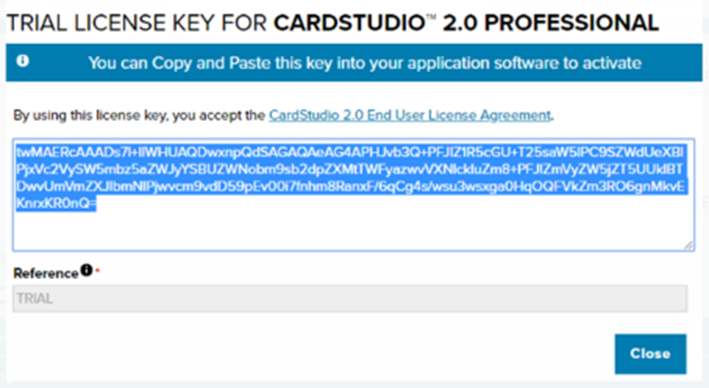 Encuentre el enlace de activación de licencia de CardStudio 2.0 en el portal Cardstudio.zebra.com