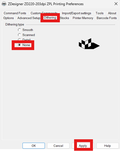 Adjust the Dithering on the ZDesigner Driver Version 5