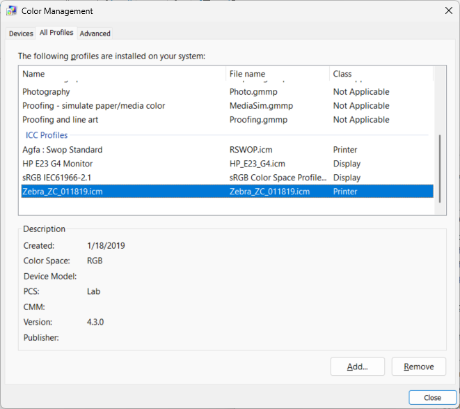 Installing and Associating Color Profile on ZC Series Card Printers