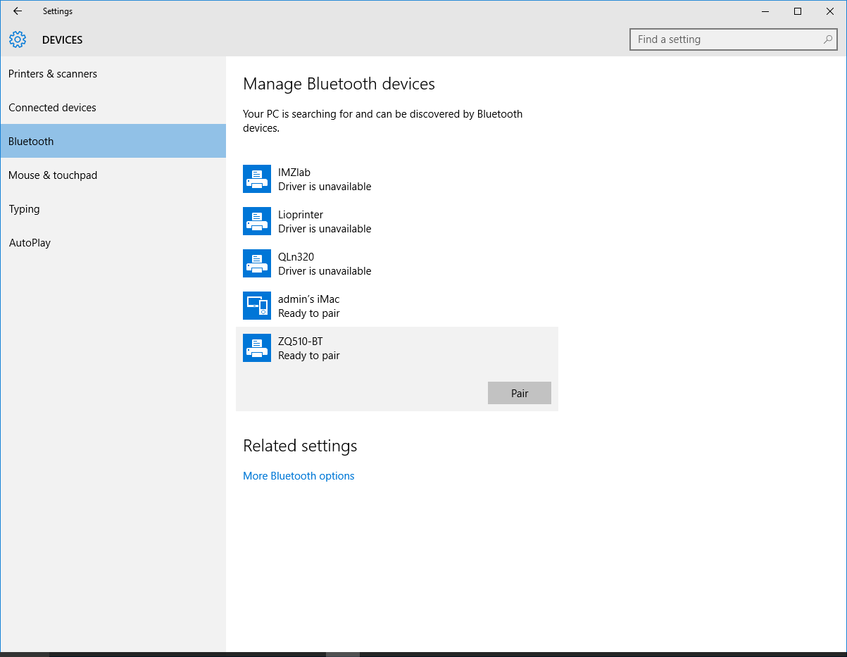 Zebra 프린터를 사용한 Windows 10 Bluetooth 설정